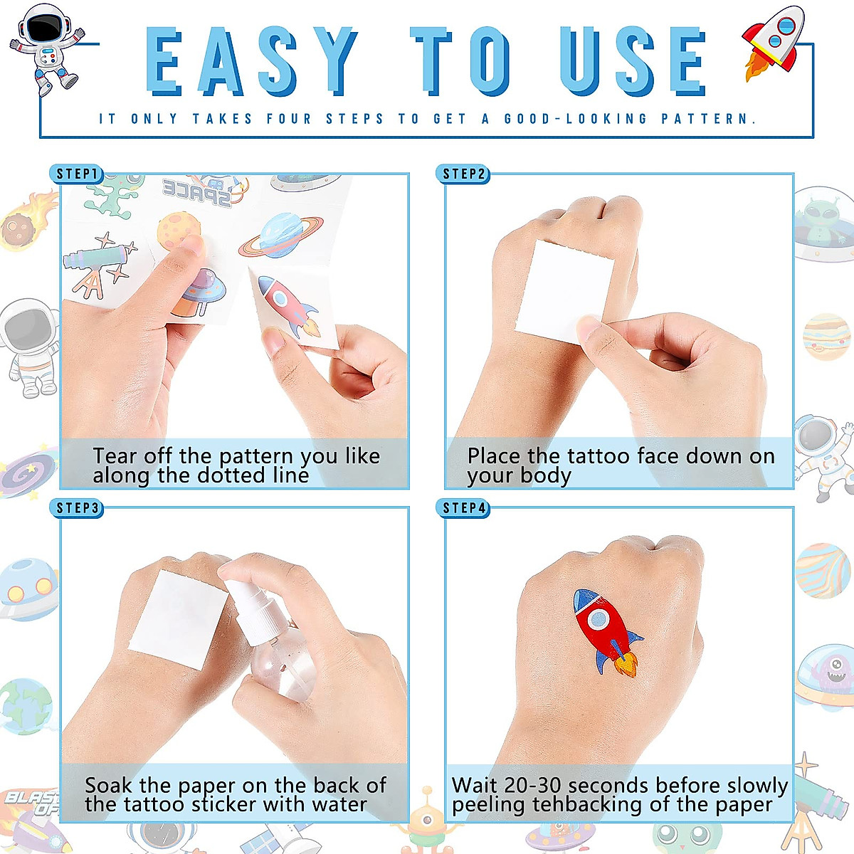 Maitys 288 Pcs Space Themed Party Temporary Tattoos Include Alien Planet Rocket ship Tattoos Stickers for Kids Astronaut Favors Goodie Bag Stuffers Space Themed Birthday Supplies 48 Styles