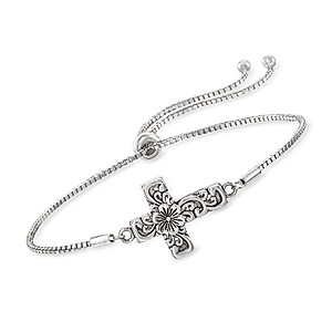 Ross-Simons Sterling Silver Bali-Style Floral Cross Bolo Bracelet