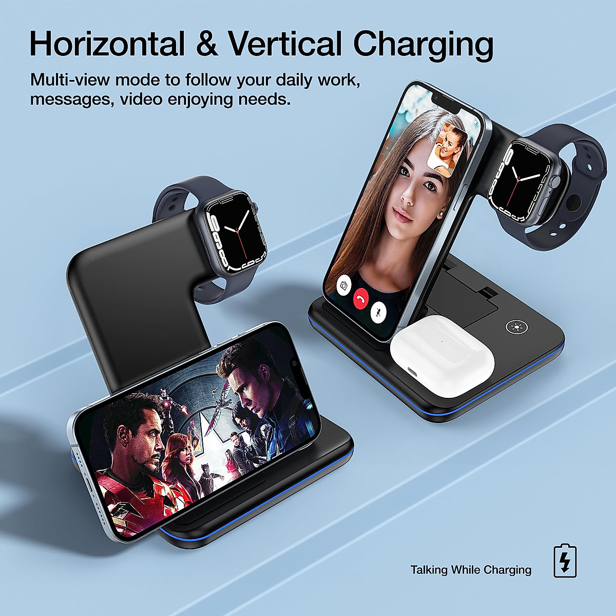 Wireless Charger 3 in 1 for iPhone/iWatch/Airpods Devices, Safe Charging Station for Apple Watch 6/SE/5/4/3/2, for iPhone16,15 14,13,12,11 (Pro, Max)/XS/XR/X/8, Compatible with Airpods 3/Pro/2