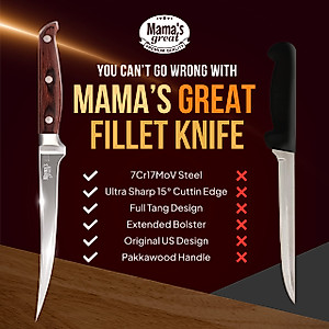 Mama's Great 7 Inch Fishing Fillet Knife with Curved Razor Sharp 7cr17mov High Carbon Stainless Steel Blade and Ergonomic Non-Slip Pakkawood Handle