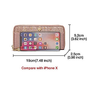 FOXER Women RFID Blocking Leather Wallet Bifold Wallet Clutch Wallet with Wristlet Card Holder (Rose Gold)