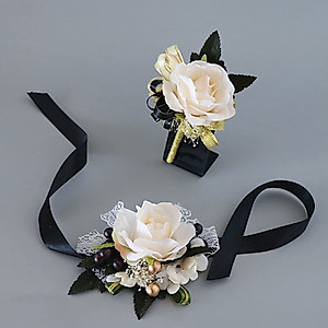 Firlar 2 PCS Wedding Wrist Flower and Mens Corsage, Artificial Ivory Rose Flower Wrist Corsage and Boutonniere Set, Bride Wristlet Band Bracelet and Men Boutonniere Set for Wedding Party Prom Suit