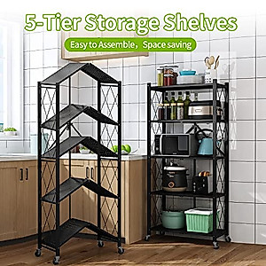 Mochubang Foldable Storage Shelves Unit, 5 Tier Folding Shelf Steel Shelving Rack with Wheels for Mobile Storage in Kitchen, Warehouse, Closet, Patio, Pantry, No Assembly, 1250 lbs Capacity, Black