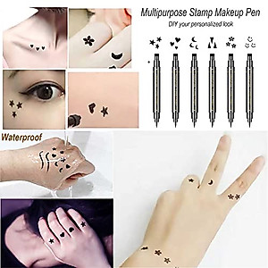 SUMEITANG 6 Pcs Double-headed Eyeliner Stamps Set Black Liquid Eye Liner Pen With Star,Moon,Heart,Flower,Smiley,Triangle Stamp Stencils Shapes for Women Makeup Kit Long-Lasting Waterproof Smudgeproof
