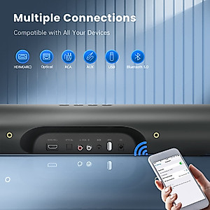 Soundbar, BESTISAN 80 Watts TV Sound Bar Home Theater Speaker with HDMI, Optical, RCA, AUX Port, Bluetooth 5.0, Movie/Music/Dialogue Audio Mode, Enhanced Bass Technology, Bass Adjustable, 2023 Version