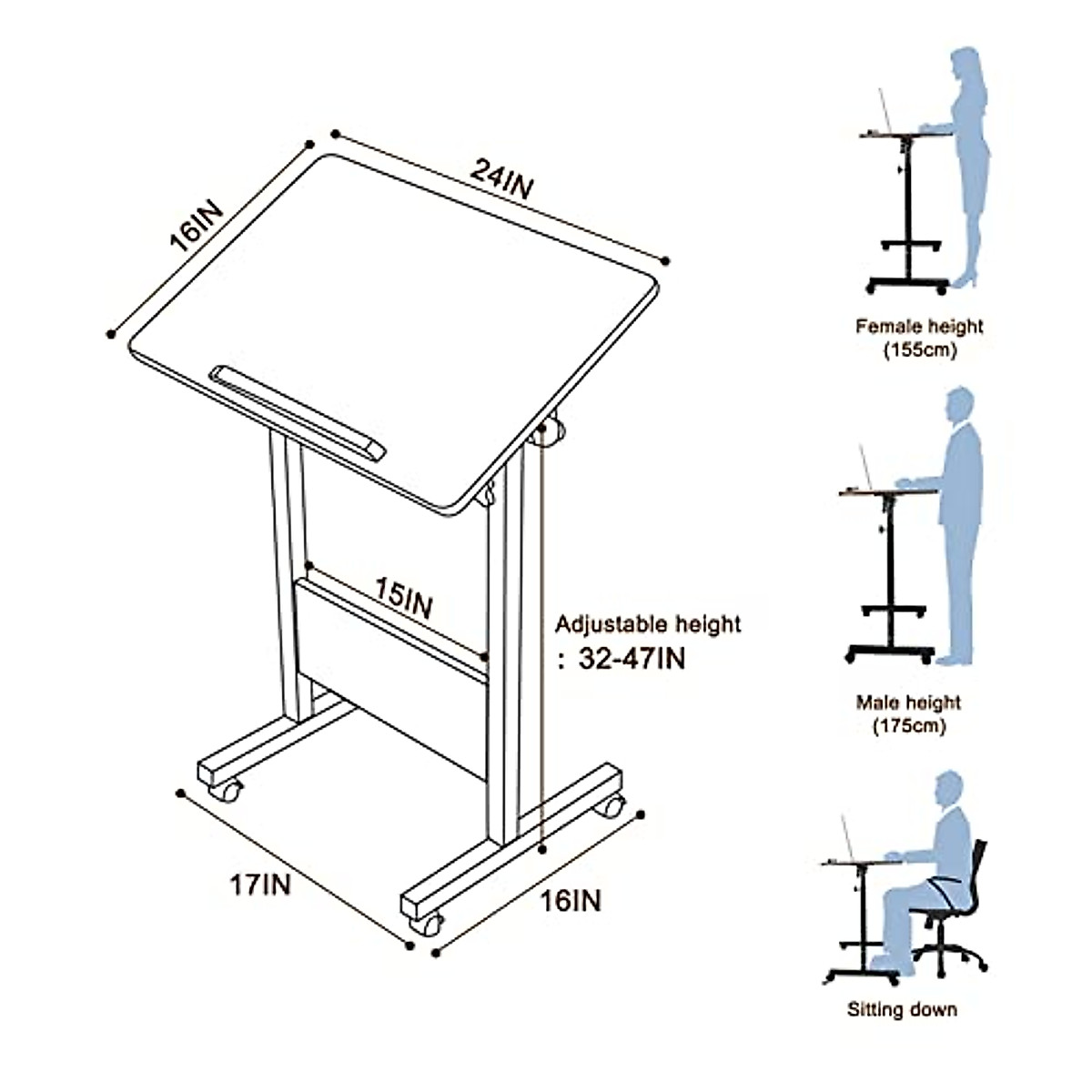 KOUPA Height Adjustable Mobile Standing Desk 16×24 in,360° Flip Desk Stand Desk Home Office Table Standing Desk for Small Space Offices,Easy to Assemble(Adjustable Height: 32in-47in)