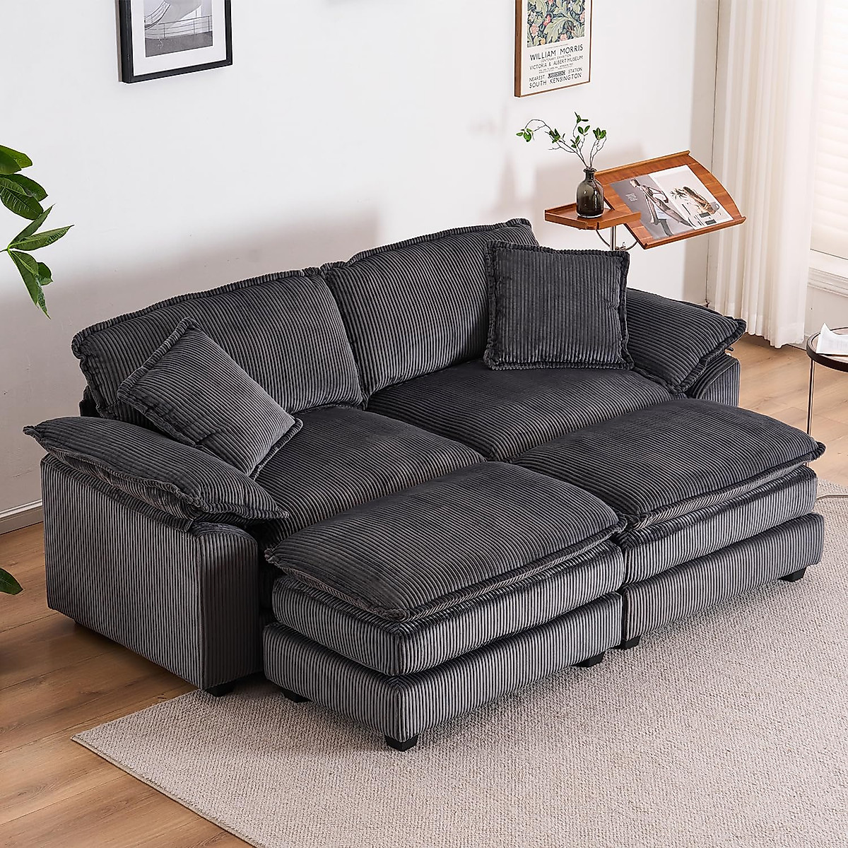 Corduroy Modular Sectional Couch, 84“ Width Oversize Loveseat Sofa, Comfy Plush Cloud Couch Lounge Chair with Ottomans and 2 Pillows for Small Spaces, Living Room, Bedroom, Office (Grey)