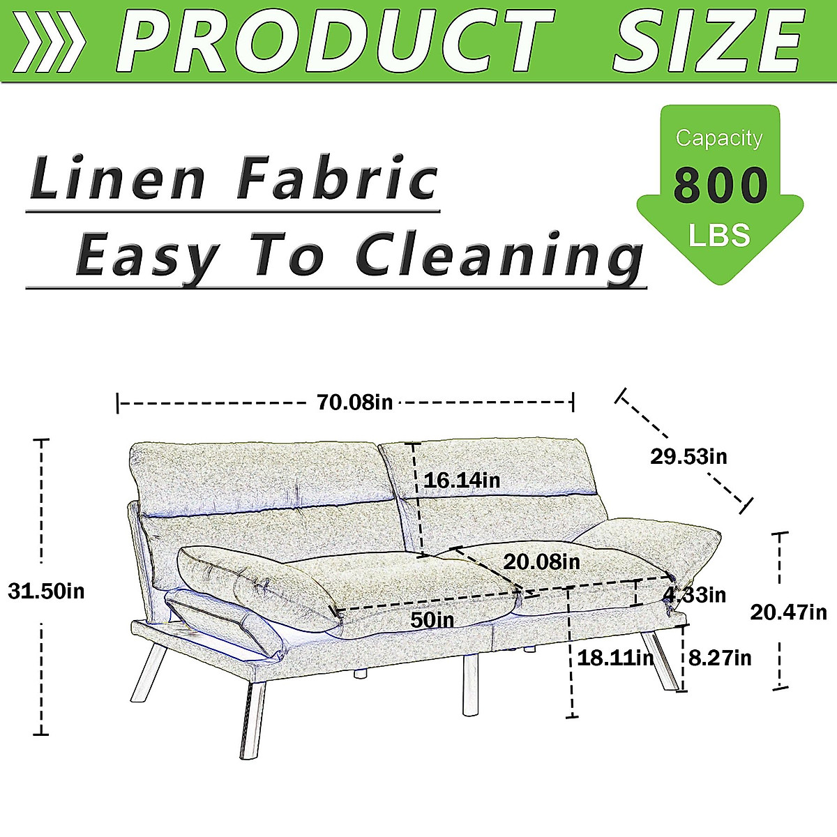 HRVEOCEI Convertible Futon Sofa Bed Couch,Morden Futon Couch Bed,Comfy Loveseat Sleeper Sofa Bed with Folding Armrests&Adjustable Backrests for Bedroom,Living Room,2 Seats,Fabric (Green)