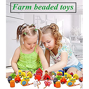 Lacing Farm Toy Wooden Block Set, Early Educational Toys String & Lacing Beads Games for Toddlers Kids Farm Animal Learning Play Set (16 Pieces)