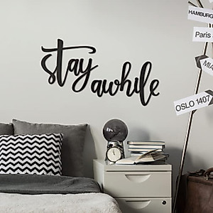 Vivegate Stay Awhile Metal Wall Art Sign - 2 Pieces Black Stay Awhile Wall signs for Home Wall Decor Entryway Wall Decor (Medium - 28"X12")