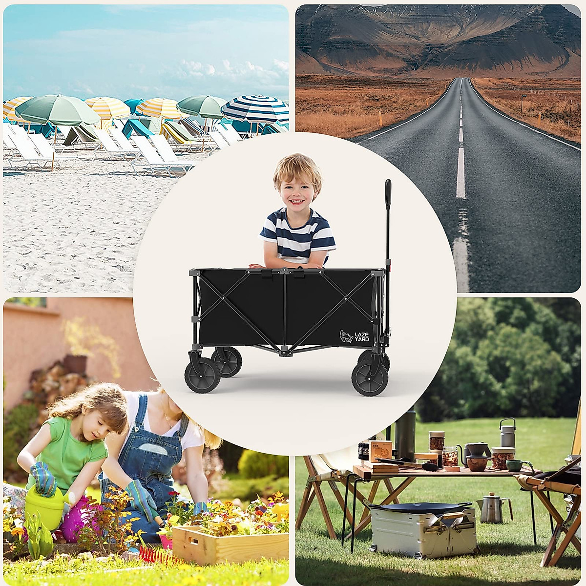 LAZEYARD Collapsible Wagon Cart,Foldable Heavy-duty Wagon Cart with Universal Wheels and Adjustable Handle,220lbs Capacity Folding Garden Utility Wagon with 2 Drinking Holders for Outdoor Shopping