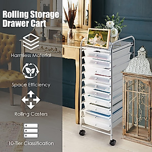 GOFLAME Rolling Drawer Cart with 10 Drawers, Utility Storage Organizer Cart with Wheels and Metal Frame, Art Cart for Office, School, Home, Clear