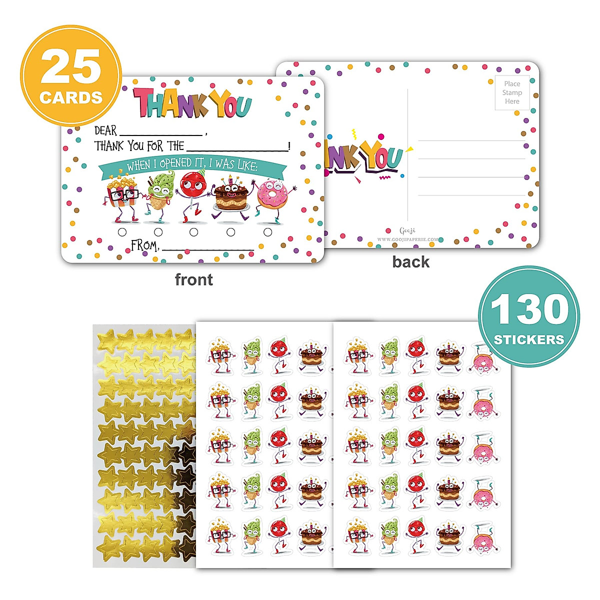 Gooji Kid’s Thank You Cards, 25 Pc. Postcards Set, Double-Sided Custom Cardstock with Fill in the Blank Messages for Birthday Party, Event, or Holiday Use, Stickers Included (Party Treats)