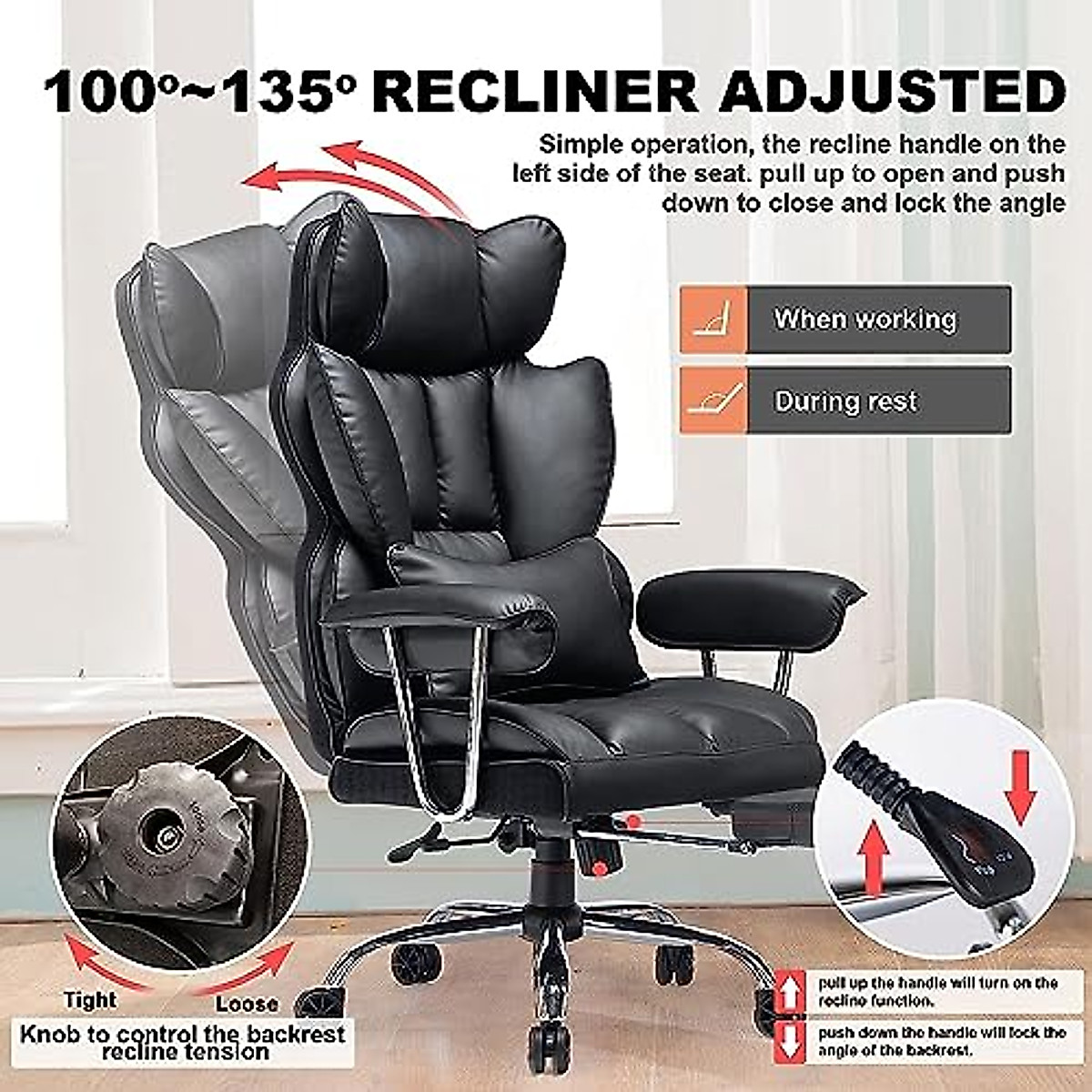 Efomao Desk Office Chair Big High Back Chair PU Leather Computer Chair Managerial Executive Swivel Chair with Lumbar Support (Black)