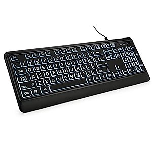KOPJIPPOM Large Print Backlit Keyboard, Quiet USB Wired Computer Keyboard, Full Size Keyboard with White Illuminated LED Compatible for Windows Desktop, Laptop, PC, Gaming, Black