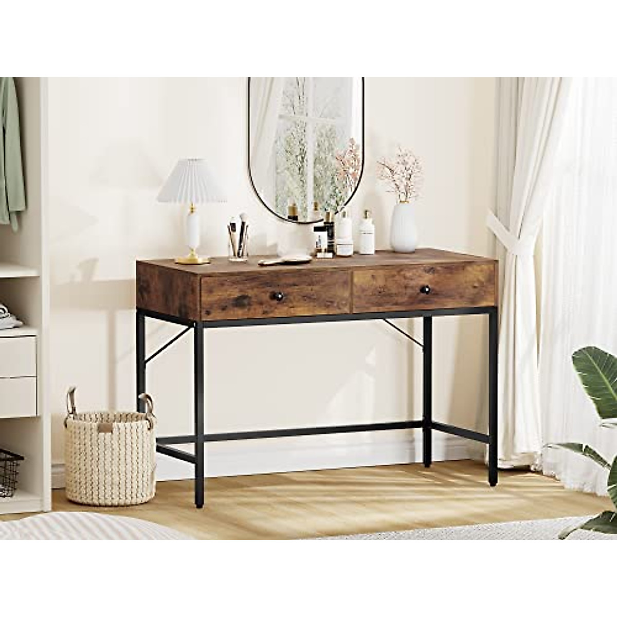 SUPERJARE Vanity Desk with Drawers, 47 inch Computer Desk, Modern Simple Home Office Desks, Makeup Dressing Table for Bedroom - Rustic Brown