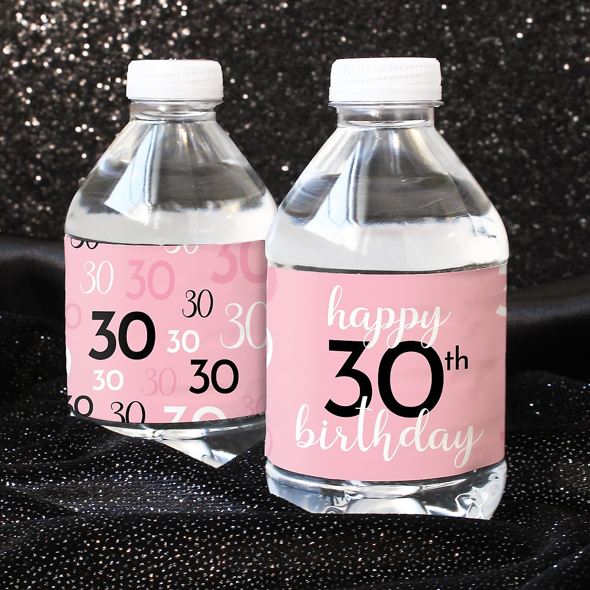 Pink, Black, and White 30th Birthday Party Water Bottle Labels - 24 Waterproof Wrappers