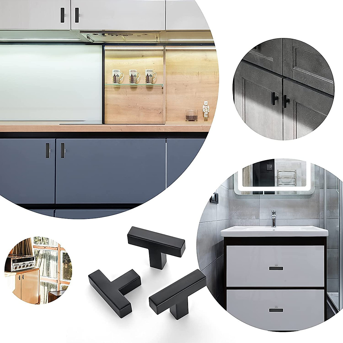 Ravinte 5 Pack Black Square Bar Cabinet Knobs 2 Inch Square Cabinet Pulls Matte Black Single Hole Kitchen Cabinet Handles