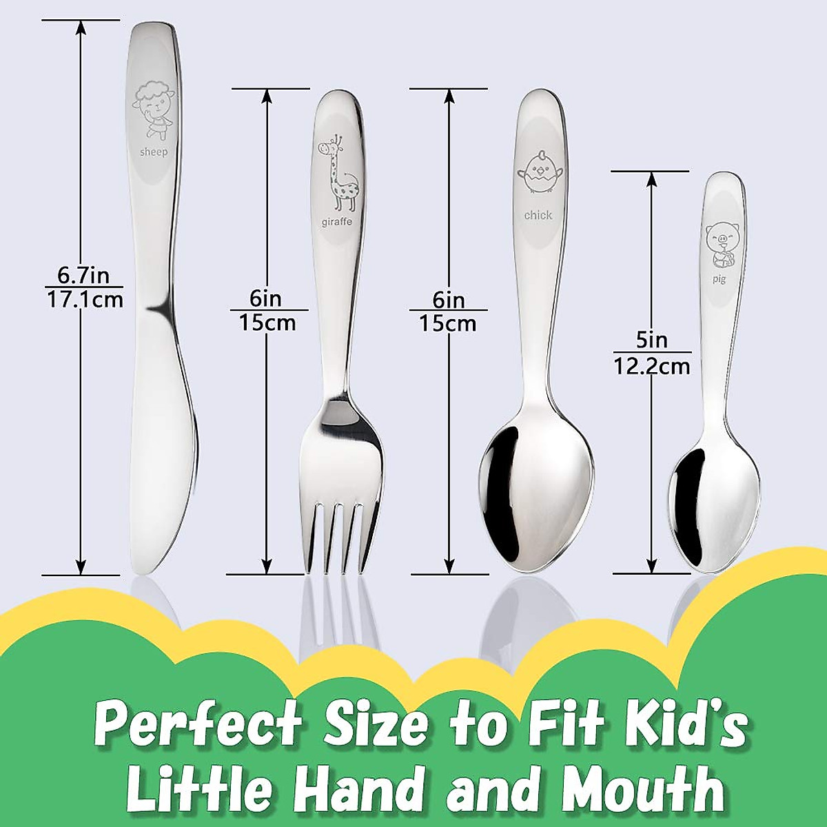 Kids Silverware Set Toddler Utensils 18/8 Stainless Steel 4PCS Fork Spoon and Knife Cutlery Child Flatware for Age 3+