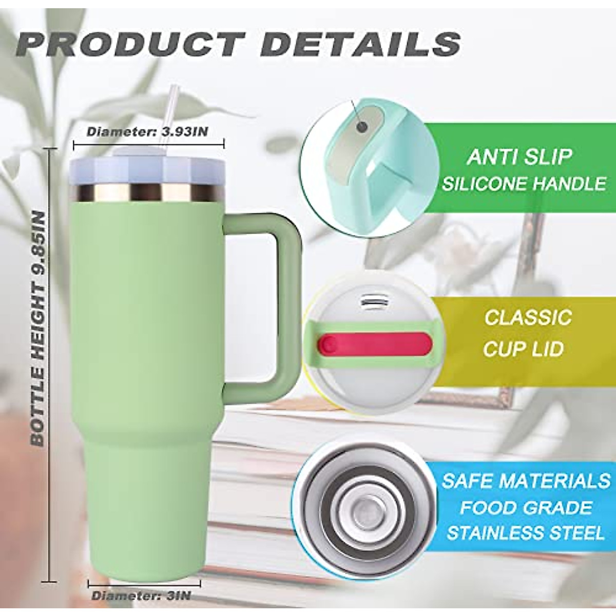 40oz Tumbler with Handle and Straw Lid,Stainless Steel Travel Mug Water Bottle Cup,Reusable Insulated Vacuum Cup (QL-Green)