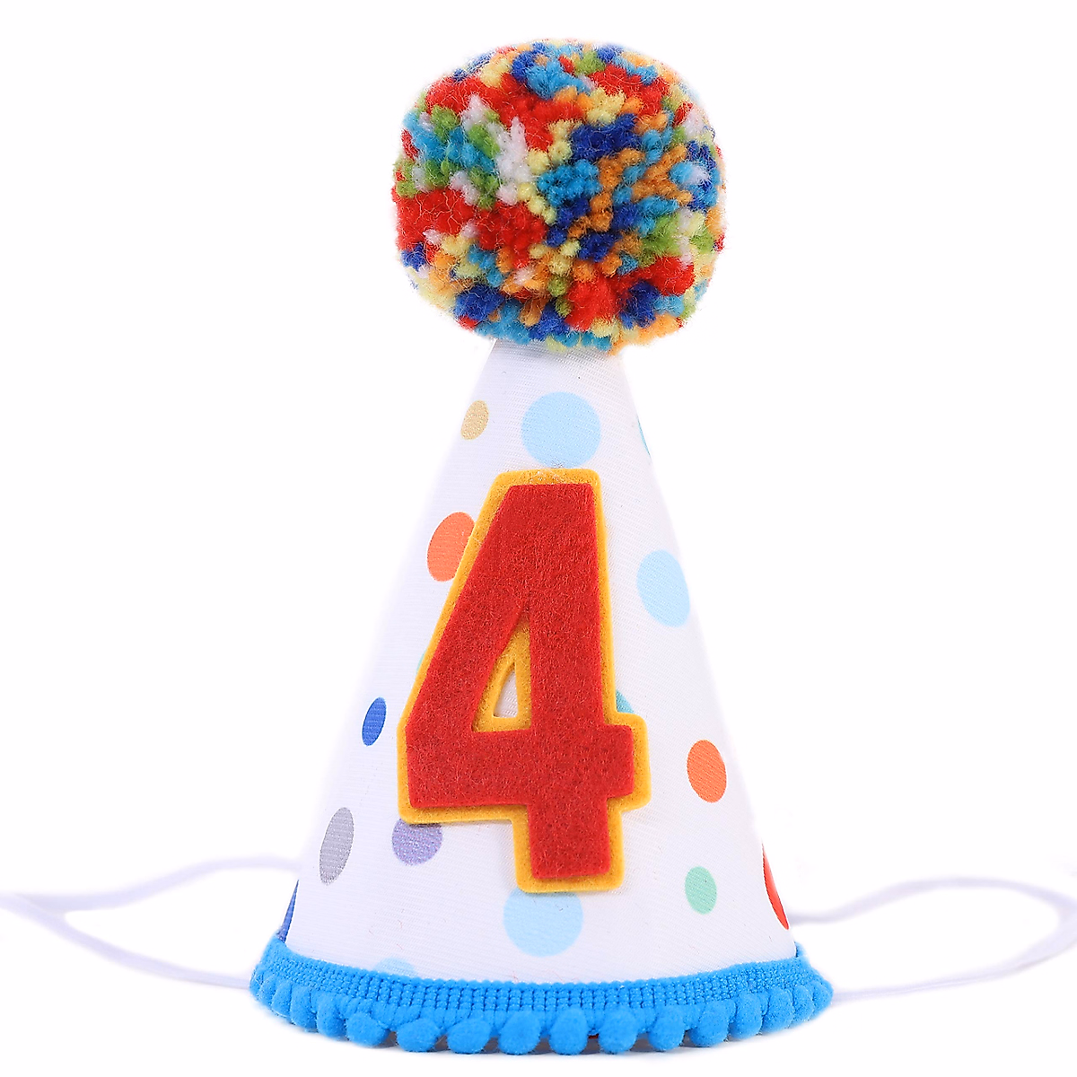 WAHAWU Baby 4th Birthday Party Handmade Hat, Primary Colors Confetti Cone Mini Hat with Multicolored Fur Balls, Stretchable Band, Fits Baby Girls/Boys, 3.5*3.1 inches, Costume Headwear
