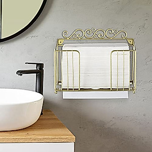 MyGift Vintage Brass Tone Metal Folded Paper Towel Holder with Scrollwork Design - Wall Mounted Trifold Z-Fold Disposable Napkin Dispenser Rack