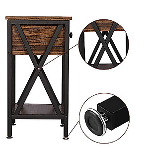VECELO Side/End Table Drawer & Storage Shelf for Living Room Bedroom, Versatile X-Design, Brown, Nightstand with Drawer, Retro BRN
