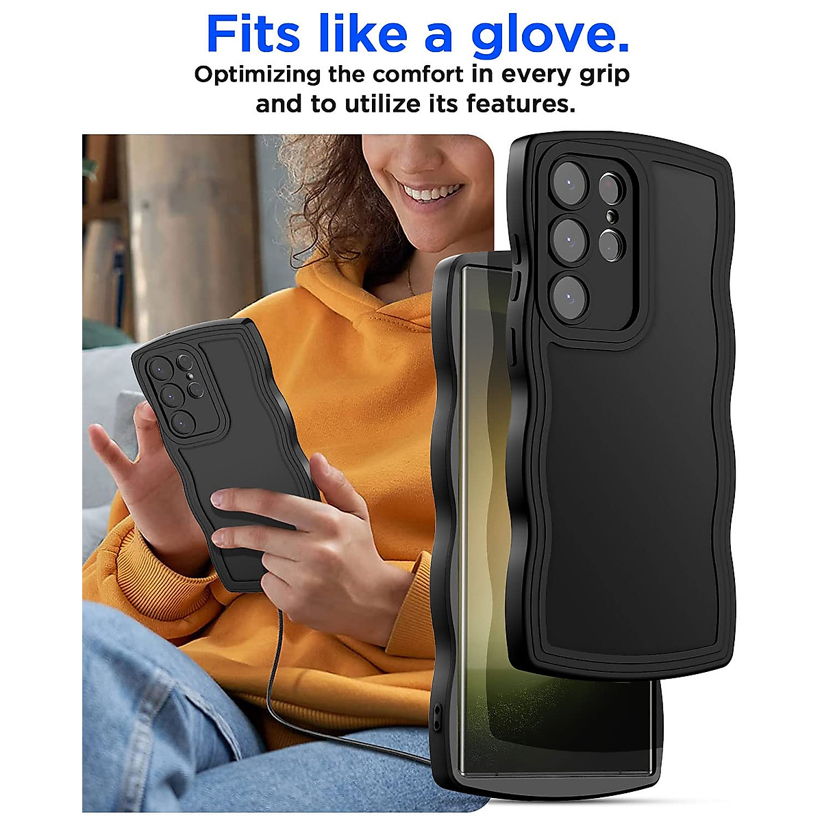 AICase Cute Solid Color Curly Wave Frame Soft Compatible with Samsung Galaxy Phone Case (Black, Galaxy S20 Ultra)