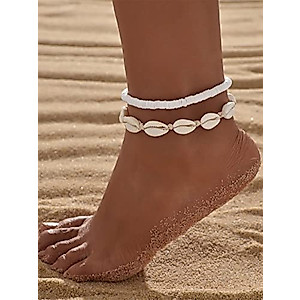 Verdusa Women's 2 Piece Ankle Bracelets Set Shell Anklet Chain Adjustable Foot Jewelry White one-size