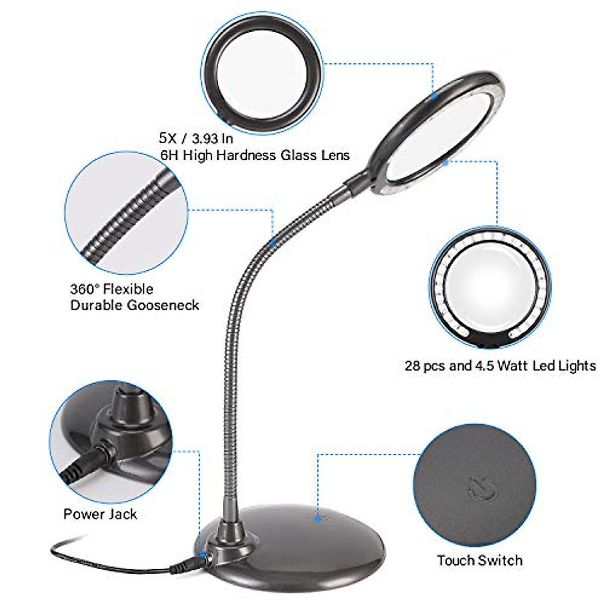 5X Rechargeable Magnifying Glass with Light and Stand, KACIOPOO Lighted Magnifying Glass Hands Free for Reading, Seniors, Hobbies, Craft