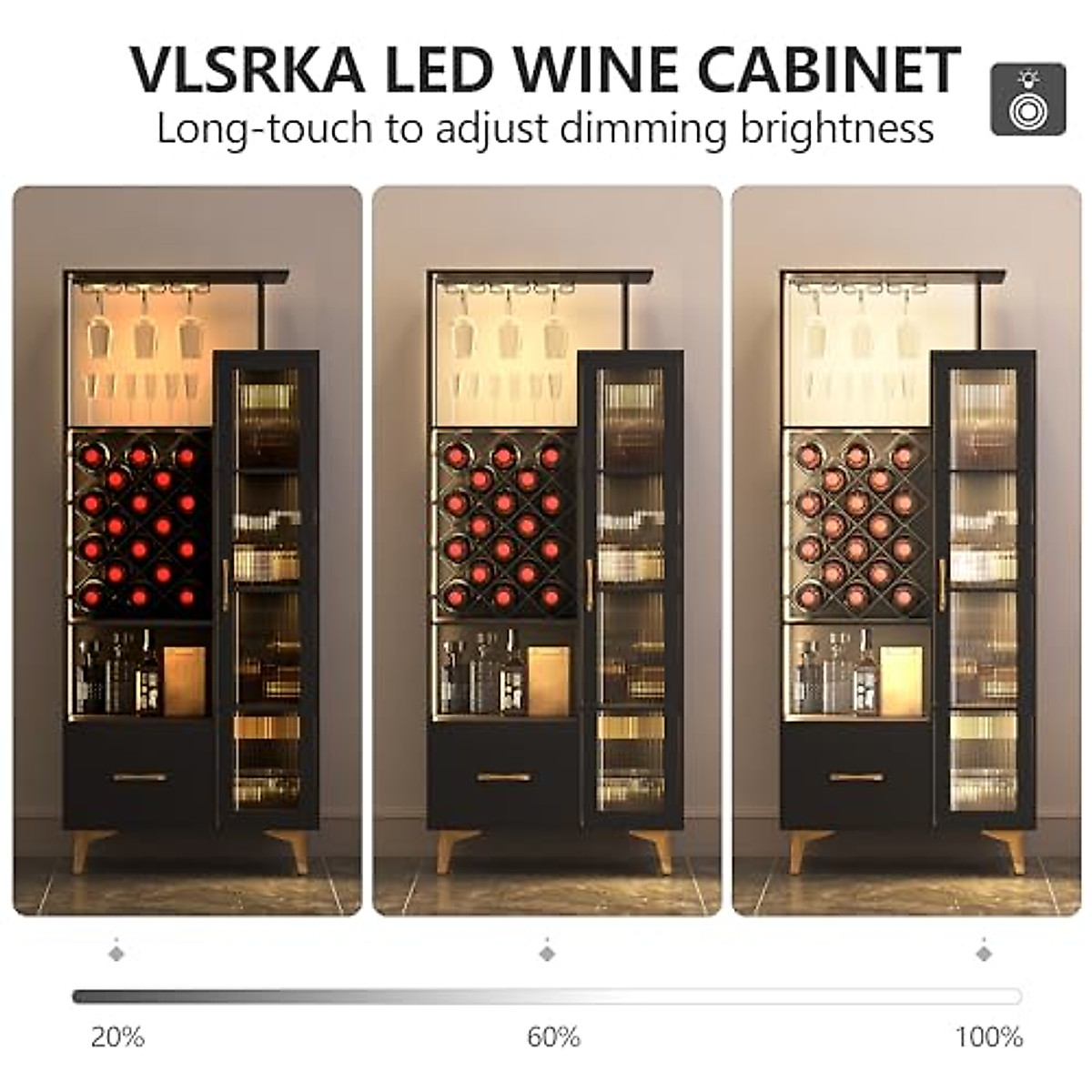 Vlsrka LED Liquor Wine Cabinet, Wine Bar Cabinet with USB Port, Bar Cabinets for 18 Bottle Wine Rack and 3 Glass Holder, Tall Sideboard Buffet Storage Cabinet for Living, Dining Room, Black