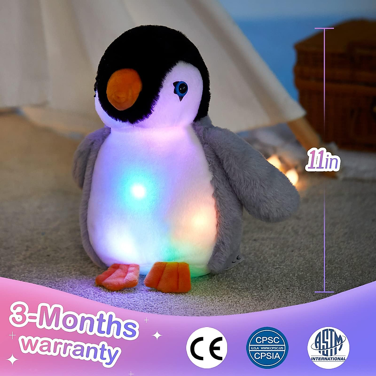 BSTAOFY Light up Penguin Stuffed Animal Glow Perky Adorable LED Floppy Plush Toy Nightlight Gift for Kids on Birthday Valentines Day Christmas Holiday, 11''