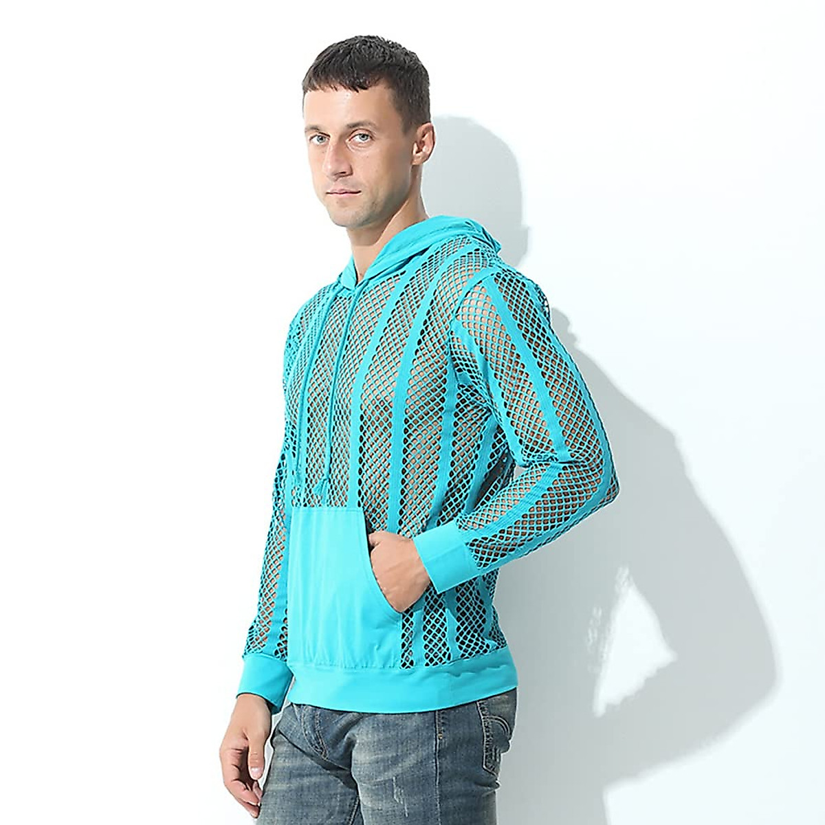 Men's Fishnet Hoodie Shirt Striped Mesh Sheer See Thru Muscle Top Gym Workout Active Shirts Summer Baggy Loose Tee Shirts Blue - Long Sleeve X-Large