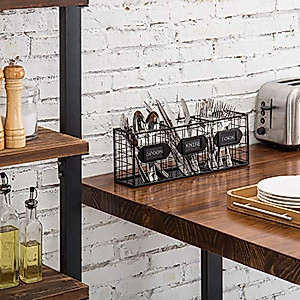 MyGift Utensil Organizer Wall Mounted Black Metal Kitchen Silverware Flatware Caddy Holder, Countertop Storage Basket with 3 Compartments and Chalkboard Labels