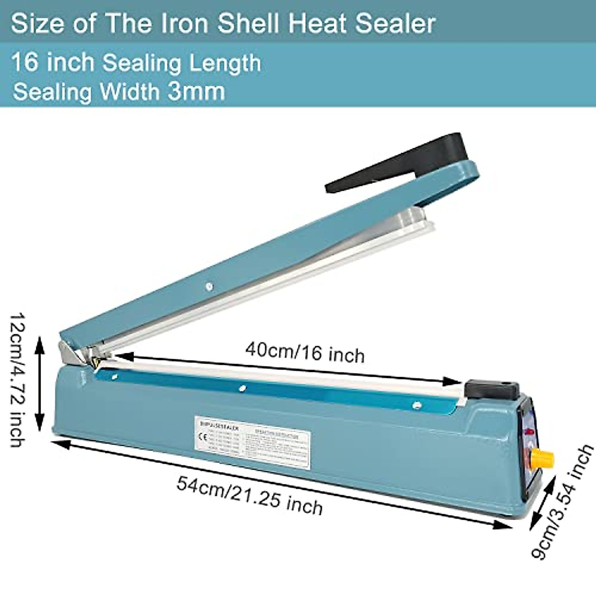 Impulse Sealer 16 inch Heat Sealer for Plastic Bags, Metal Iron Shell Plastic Bag Sealer Heat Seal, Mylar Bag Sealer, Manual Poly Bag Hot Seal Sealing Machine with 4 Repair Kit(2 Cutting Lines Included)