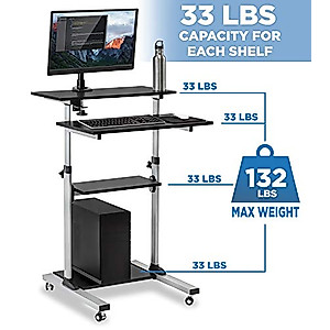 Mount-It! Mobile Standing Desk/Height Adjustable Stand Up Computer Work Station | Rolling Presentation Cart with 27.5 Inch Wide Platform, Locking Wheels