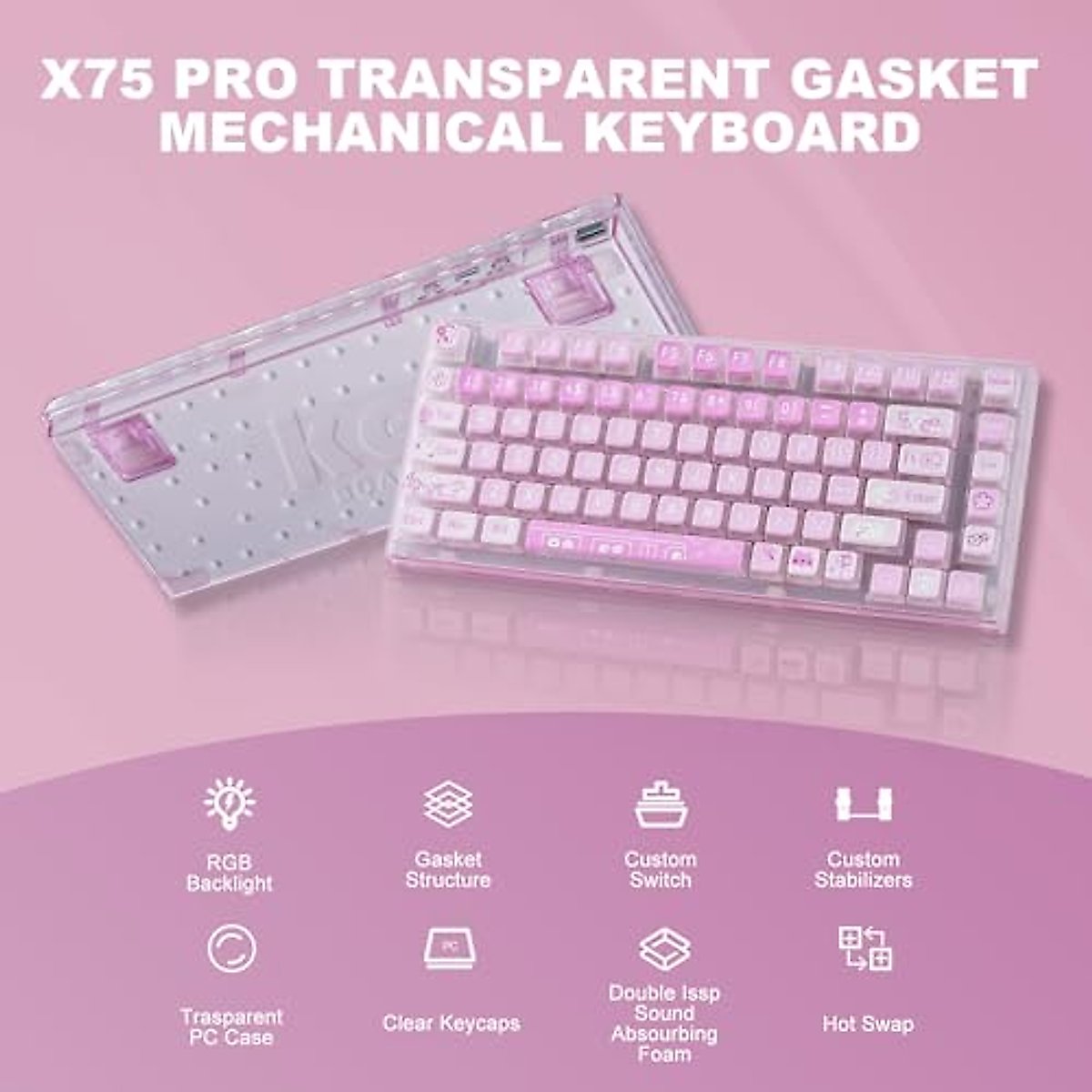YUNZII X75 PRO 82 Key Wireless Hot Swappable Mechanical Gaming Keyboard with Transparent Keycaps,BT5.0/2.4G/USB-C, Gasket Mount Keyboard,for Windows/Mac (Crystal White Switch, Wireless-Pink)