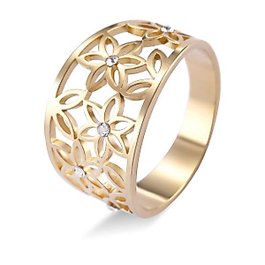 LIKGREAT Flower of Life Rings Shiny Rhinestone Flower Ring Wide Eternity Band Ring for Women (gold, 7)