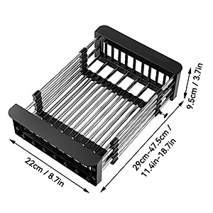 Over The Sink Dish Drying Rack, Retractable Stainless Steel Sink Strainer Telescopic Drain Basket Kitchen Rack Drain Basket Sink Organizer for Vegetable and Fruit(L-Black)
