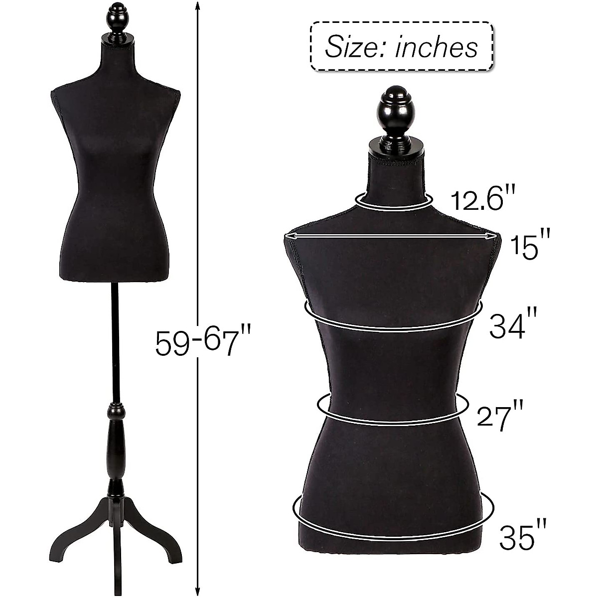 Hkeli Mannequin Torso Female Dress Form Standing Manikin Body Dress 60-67 Inch with Tripod Stand Height Adjustable Woman Body Torso for Sewing Dress Jewelry Display Women, Black