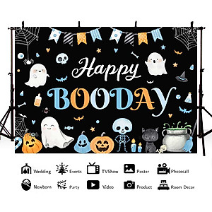MEHOFOND 7x5ft Halloween Birthday Party Backdrop Black Happy Booday Photography Background Cute Ghost Pumpkin Skull for Girls Boys Birthday Party Decorations Cake Table Banner Photo Studio Supplies