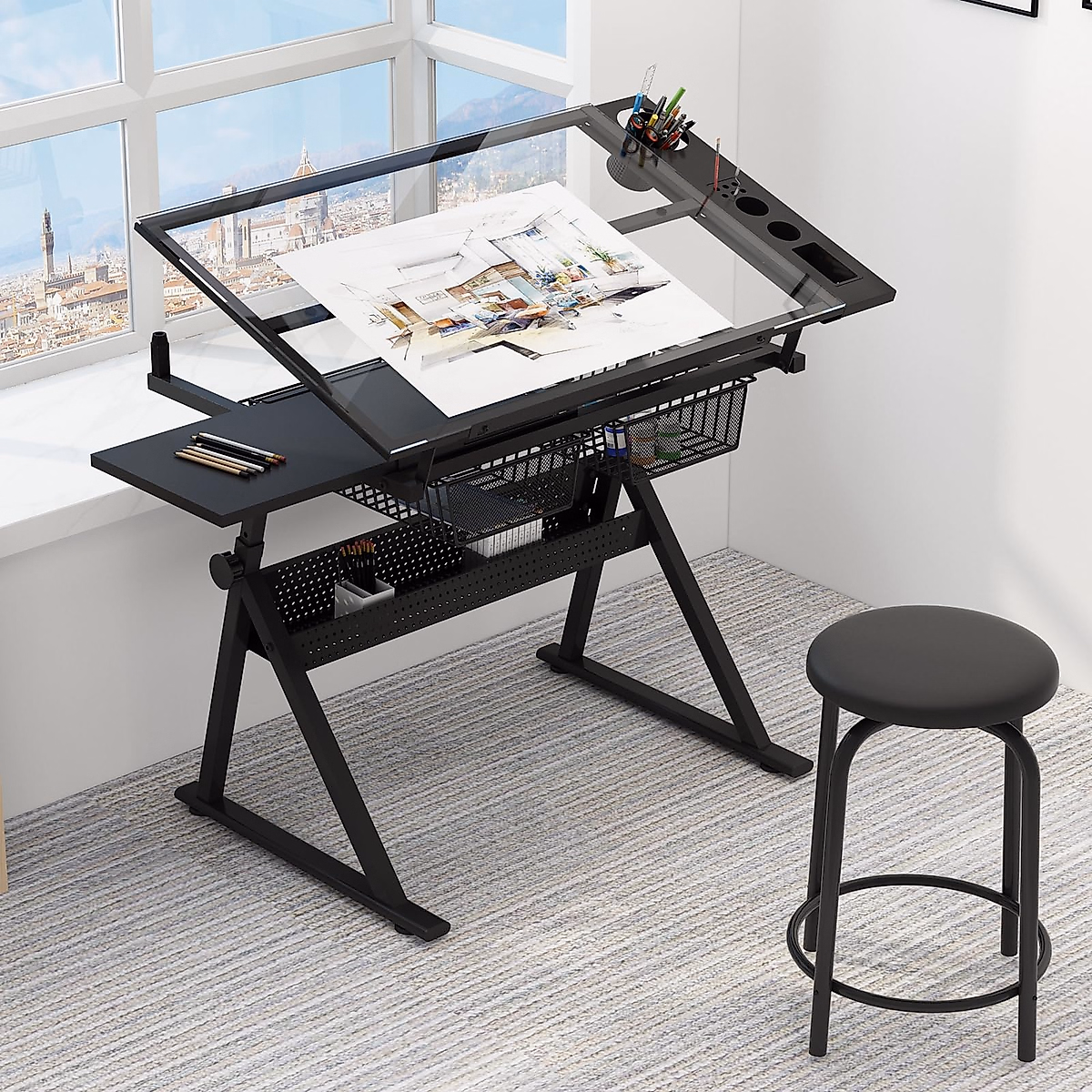 Gagawin Drafting Table with Stool, Height Adjustable Drawing Desk Tempered Glass Art Table Writing Desk with 0-75° Tilting Tabletop for Home Office, No.1-Black