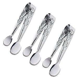 3PCS Mini Serving Tongs, 4Inch Rose Stainless Steel Sugar Cube Tongs, Sliver Small Ice Tongs for Tea and Coffee Party, Appetizers, Desserts by Sunenlyst (Silver)
