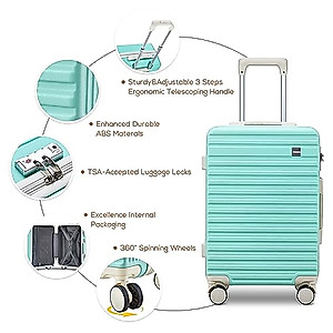 imiomo Carry On Luggage 20 Inch airline approved Hardside 3PCS Set Lightweight Rolling Travel Luggagewith TSA Lock， Suitcase with Spinner Wheels (GREEN+beige, Carry-On 20-Inch)