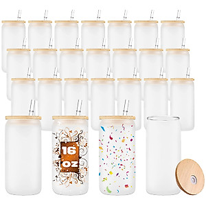 VACVOU 25 Pack 16oz Frosted Sublimation Beer Can Glass with Bamboo Lids and Straw,Glass Cups, Beer Glasses, Iced Coffee Glasses Reusable Drinking Glasses,DIY Gift(Frosted)