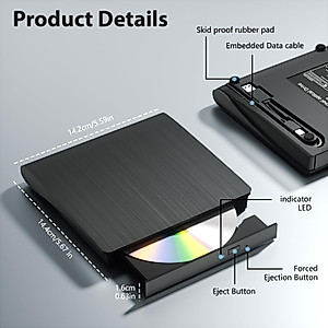 Yaeonku External CD DVD Drive, USB 3.0 Portable CD DVD +/-RW Optical Drive, DVD/CD ROM Rewriter Burner, Compatible with Laptop Desktop PC Windows Linux OS Mac