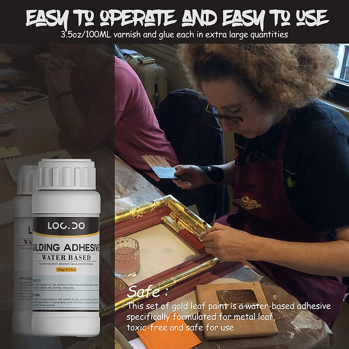 Gold Leaf Kit, Gilding Adhesive 200ml Set, Water Based Adhesive and Protective Varnish Whit Gold Leaf Sheet 100 pc, for Craft Supplies, Painting, Resin Arts Furniture and Decoration