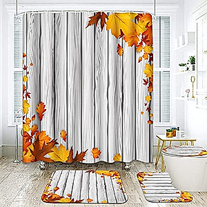 ArtSocket 4 Pcs Shower Curtain Set Autumn Orange Fallen Maple Leaves Fall on The Wood with Non-Slip Rugs Toilet Lid Cover and Bath Mat Bathroom Decor Set 72" x 72"