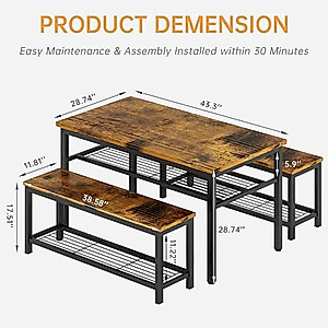 Lamerge 3-Piece Dining Table Set, Rustic Dining Table with Storage, Kitchen Table and Chairs Set for 4, Dining Table Set with 2 Benches, Industrial Dining Table Set for Dining Room, Kitchen