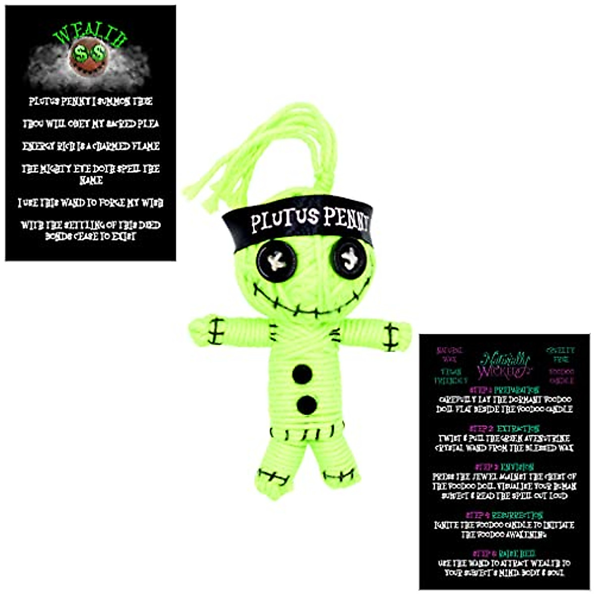 Naturally Wicked Voodoo Candle | Includes Voodoo Doll & Crystal Wand | Vegan Crystal Spell Candle (Wealth)